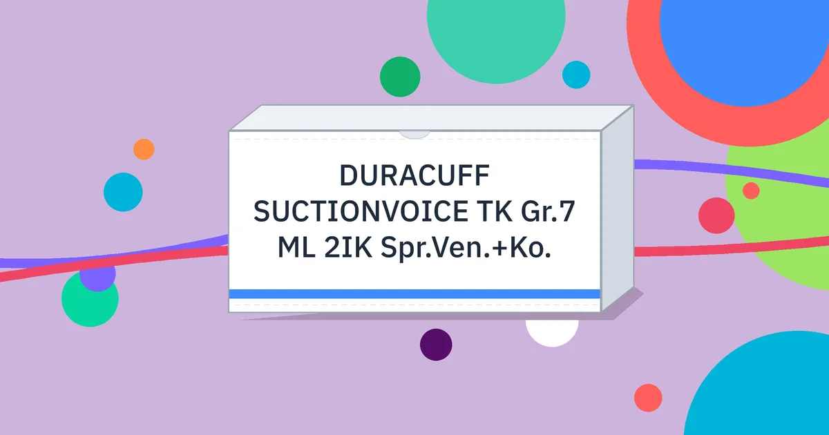 Symbolbild: Packung mit der Aufschrift DURACUFF SUCTIONVOICE TK Gr.7 ML 2IK Spr.Ven.+Ko. (PZN 04961297) – Verfügbarkeit und Bezug in Apotheken in Frankfurt am Main