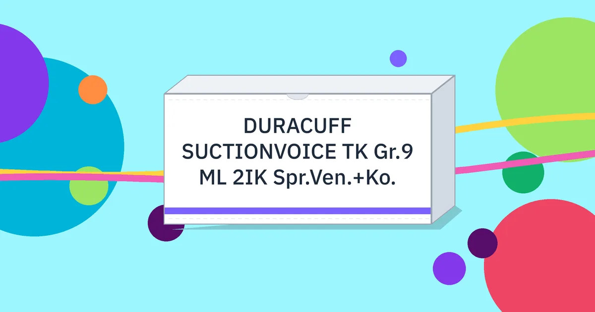 Symbolbild: Packung mit der Aufschrift DURACUFF SUCTIONVOICE TK Gr.9 ML 2IK Spr.Ven.+Ko. (PZN 04961417) – Verfügbarkeit und Bezug in Apotheken in Frankfurt am Main