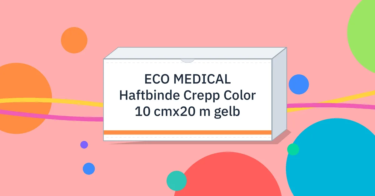 Symbolbild: Packung mit der Aufschrift ECO MEDICAL Haftbinde Crepp Color 10 cmx20 m gelb (PZN 00747733) – Verfügbarkeit und Bezug in Apotheken in Frankfurt am Main