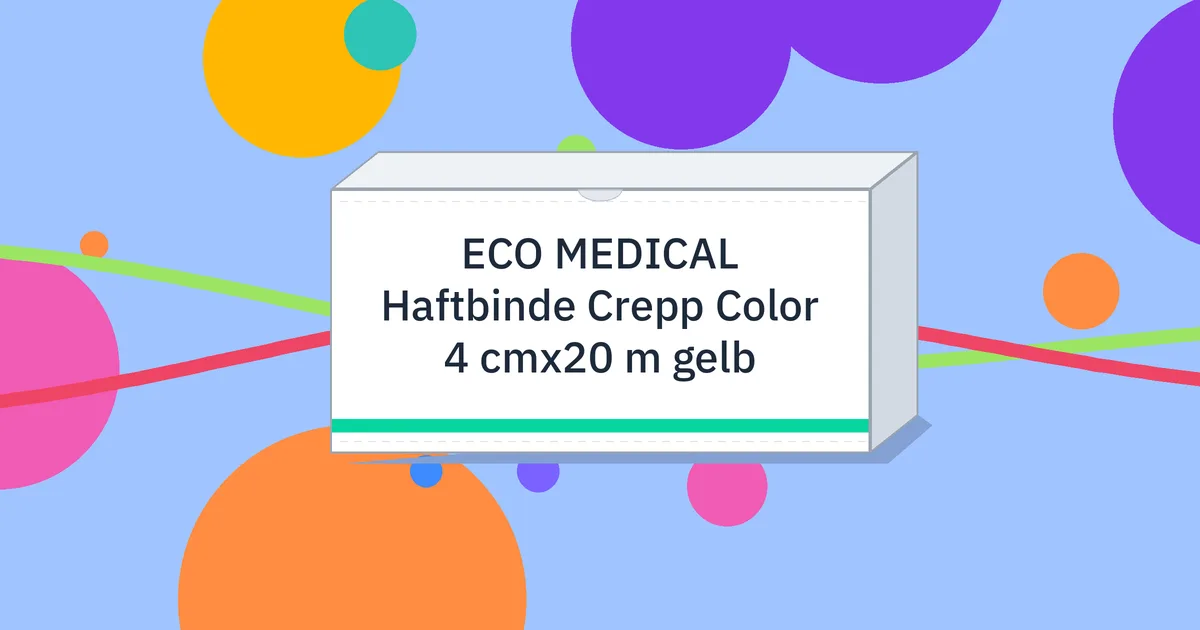 Symbolbild: Packung mit der Aufschrift ECO MEDICAL Haftbinde Crepp Color 4 cmx20 m gelb (PZN 01322763) – Verfügbarkeit und Bezug in Apotheken in Frankfurt am Main