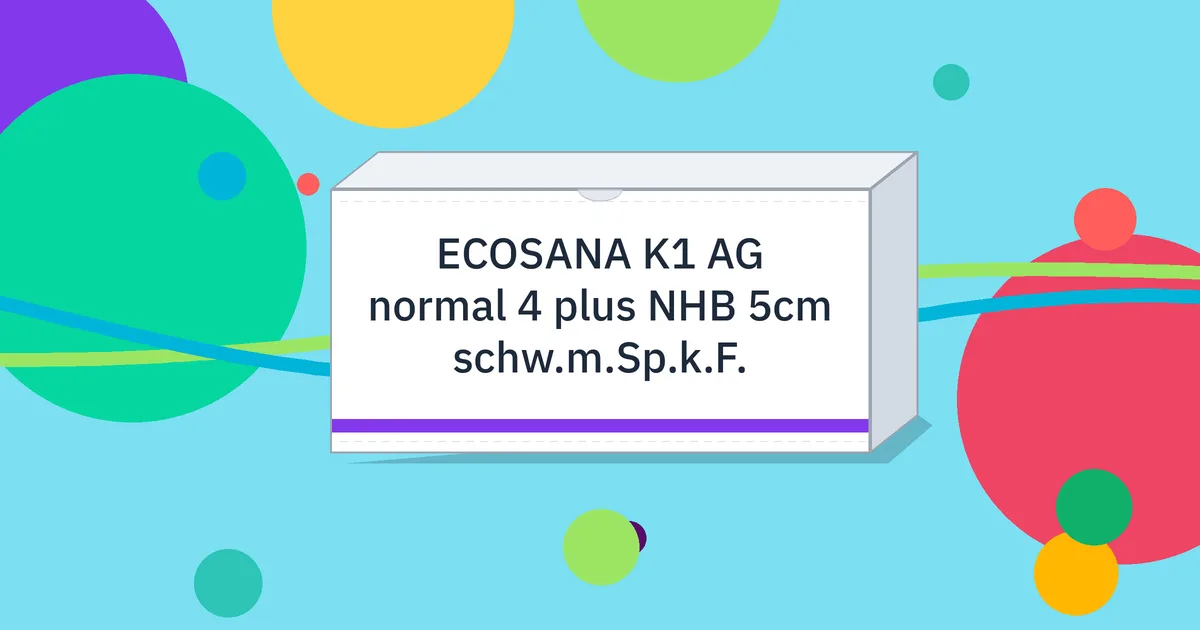 Symbolbild: Packung mit der Aufschrift ECOSANA K1 AG normal 4 plus NHB 5cm schw.m.Sp.k.F. (PZN 04728106) – Verfügbarkeit und Bezug in Apotheken in Frankfurt am Main