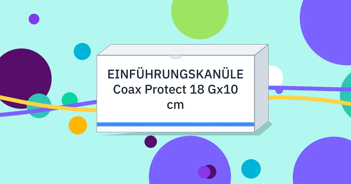 Symbolbild: Packung mit der Aufschrift EINFÜHRUNGSKANÜLE Coax Protect 18 Gx10 cm (PZN 10184432) – Verfügbarkeit und Bezug in Apotheken in Frankfurt am Main
