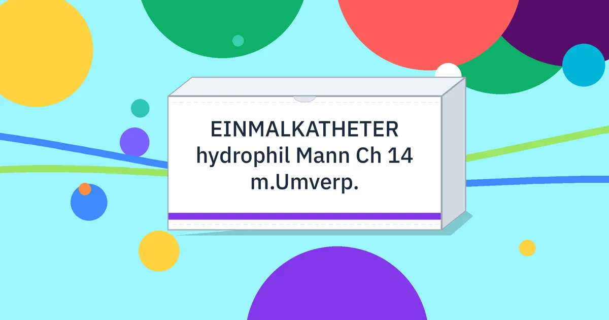 Symbolbild: Packung mit der Aufschrift EINMALKATHETER hydrophil Mann Ch 14 m.Umverp. (PZN 06875099) – Verfügbarkeit und Bezug in Apotheken in Frankfurt am Main