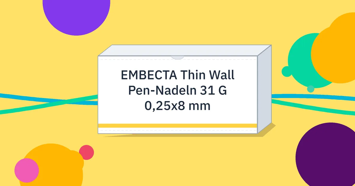 Symbolbild: Packung mit der Aufschrift EMBECTA Thin Wall Pen-Nadeln 31 G 0,25x8 mm (PZN 20623016) – Verfügbarkeit und Bezug in Apotheken in Frankfurt am Main