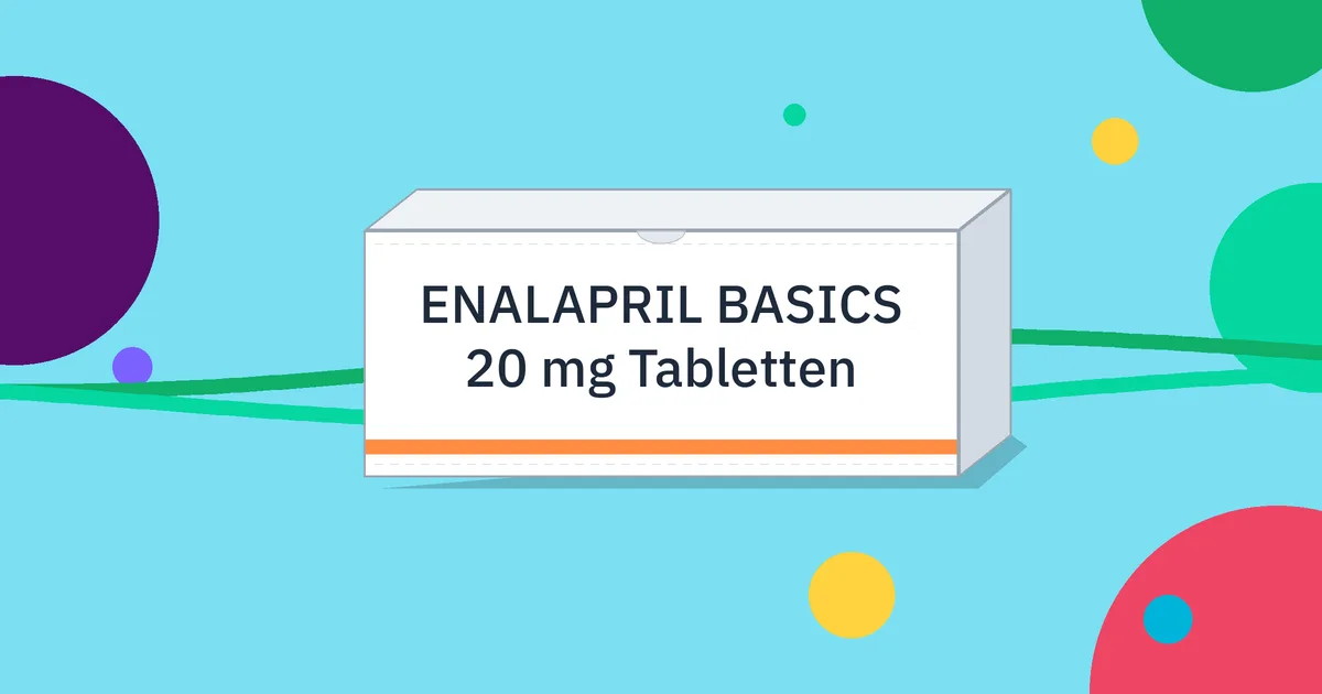Symbolbild: Packung mit der Aufschrift ENALAPRIL BASICS 20 mg Tabletten (PZN 02235960) – Verfügbarkeit und Bezug in Apotheken in Frankfurt am Main