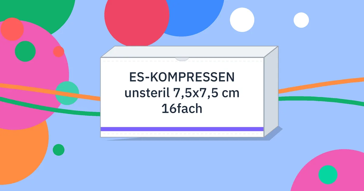 Symbolbild: Packung mit der Aufschrift ES-KOMPRESSEN unsteril 7,5x7,5 cm 16fach (PZN 17434211) – Verfügbarkeit und Bezug in Apotheken in Frankfurt am Main