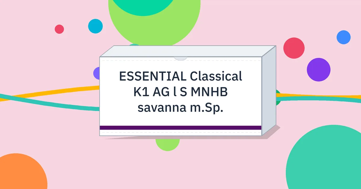 Symbolbild: Packung mit der Aufschrift ESSENTIAL Classical K1 AG l S MNHB savanna m.Sp. (PZN 19320581) – Verfügbarkeit und Bezug in Apotheken in Frankfurt am Main