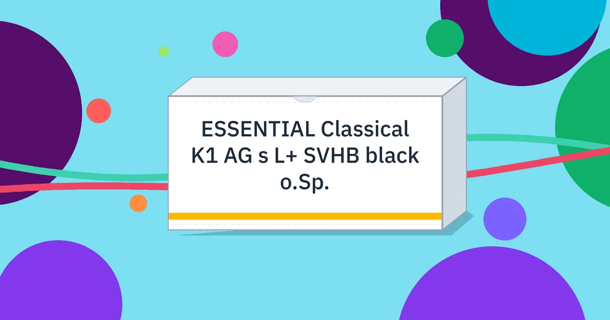Symbolbild: Packung mit der Aufschrift ESSENTIAL Classical K1 AG s L+ SVHB black o.Sp. (PZN 18420607) – Verfügbarkeit und Bezug in Apotheken in Frankfurt am Main