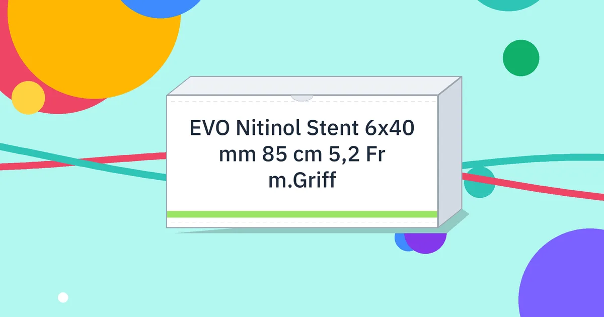 Symbolbild: Packung mit der Aufschrift EVO Nitinol Stent 6x40 mm 85 cm 5,2 Fr m.Griff (PZN 00223266) – Verfügbarkeit und Bezug in Apotheken in Frankfurt am Main
