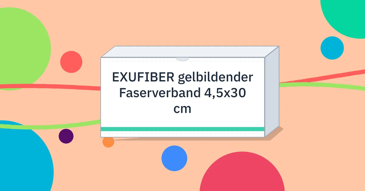 Symbolbild: Packung mit der Aufschrift EXUFIBER gelbildender Faserverband 4,5x30 cm (PZN 11152084) – Verfügbarkeit und Bezug in Apotheken in Frankfurt am Main