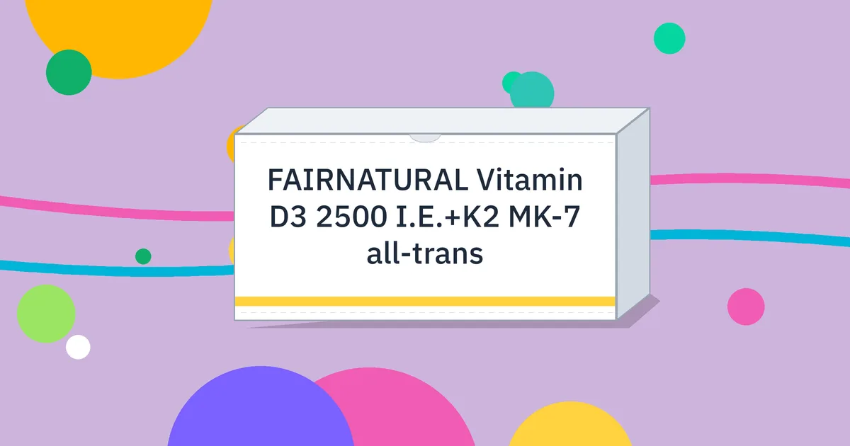 Symbolbild: Packung mit der Aufschrift FAIRNATURAL Vitamin D3 2500 I.E.+K2 MK-7 all-trans (PZN 20102085) – Verfügbarkeit und Bezug in Apotheken in Frankfurt am Main