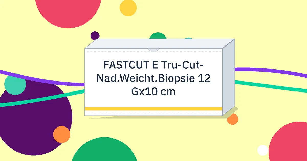 Symbolbild: Packung mit der Aufschrift FASTCUT E Tru-Cut-Nad.Weicht.Biopsie 12 Gx10 cm (PZN 19738636) – Verfügbarkeit und Bezug in Apotheken in Frankfurt am Main