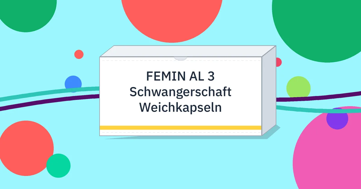 Symbolbild: Packung mit der Aufschrift FEMIN AL 3 Schwangerschaft Weichkapseln (PZN 18886582) – Verfügbarkeit und Bezug in Apotheken in Frankfurt am Main