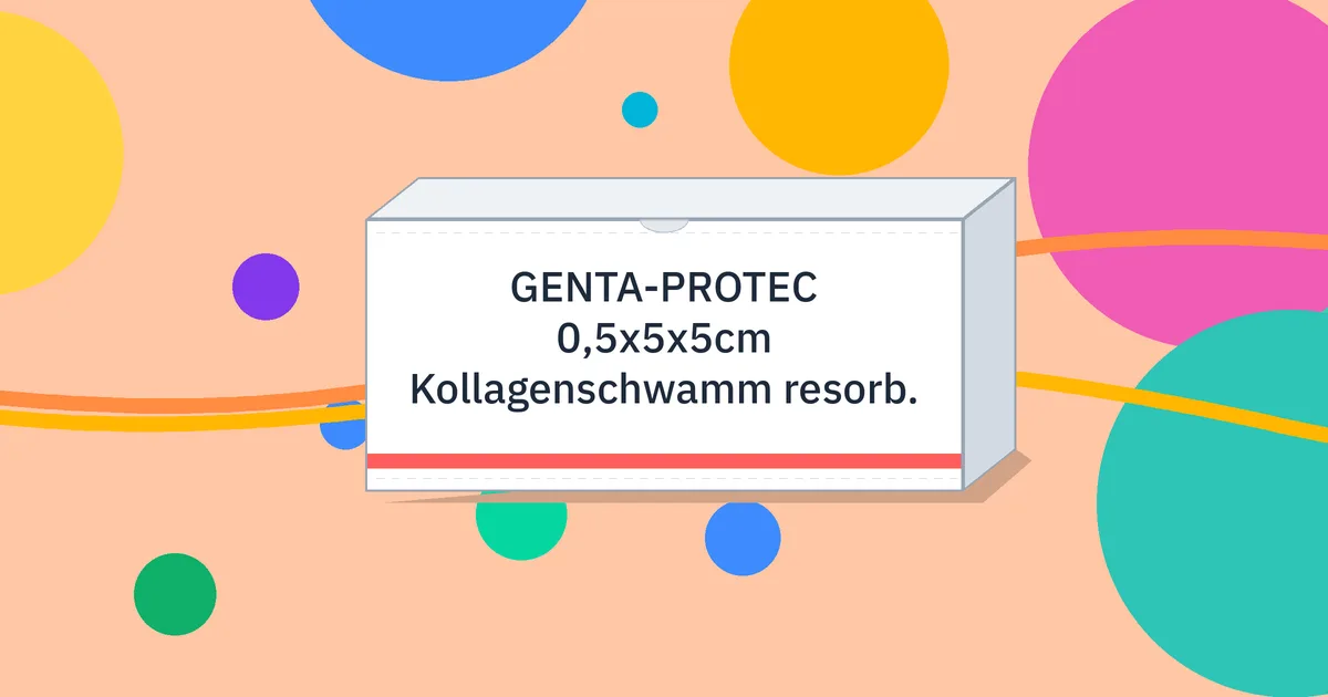 Symbolbild: Packung mit der Aufschrift GENTA-PROTEC 0,5x5x5cm Kollagenschwamm resorb. (PZN 18293304) – Verfügbarkeit und Bezug in Apotheken in Frankfurt am Main