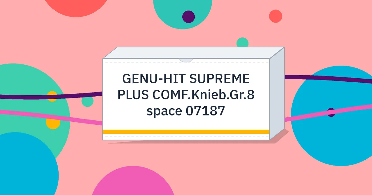 Symbolbild: Packung mit der Aufschrift GENU-HIT SUPREME PLUS COMF.Knieb.Gr.8 space 07187 (PZN 20095830) – Verfügbarkeit und Bezug in Apotheken in Frankfurt am Main