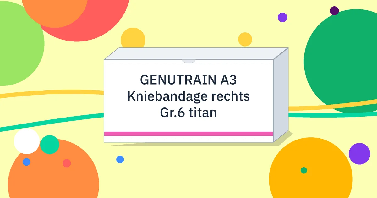 Symbolbild: Packung mit der Aufschrift GENUTRAIN A3 Kniebandage rechts Gr.6 titan (PZN 01071829) – Verfügbarkeit und Bezug in Apotheken in Frankfurt am Main