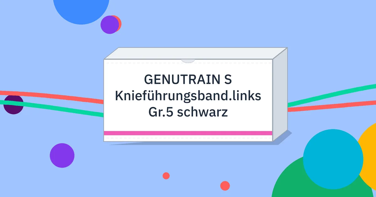 Symbolbild: Packung mit der Aufschrift GENUTRAIN S Knieführungsband.links Gr.5 schwarz (PZN 07552004) – Verfügbarkeit und Bezug in Apotheken in Frankfurt am Main