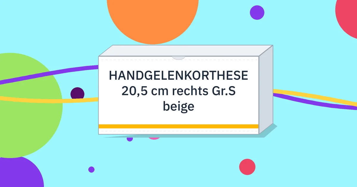 Symbolbild: Packung mit der Aufschrift HANDGELENKORTHESE 20,5 cm rechts Gr.S beige (PZN 03387011) – Verfügbarkeit und Bezug in Apotheken in Frankfurt am Main