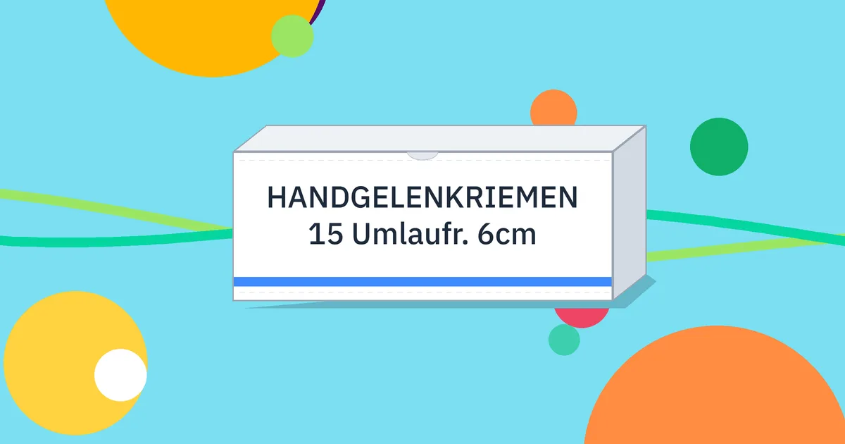 Symbolbild: Packung mit der Aufschrift HANDGELENKRIEMEN 15 Umlaufr. 6cm (PZN 01962646) – Verfügbarkeit und Bezug in Apotheken in Frankfurt am Main