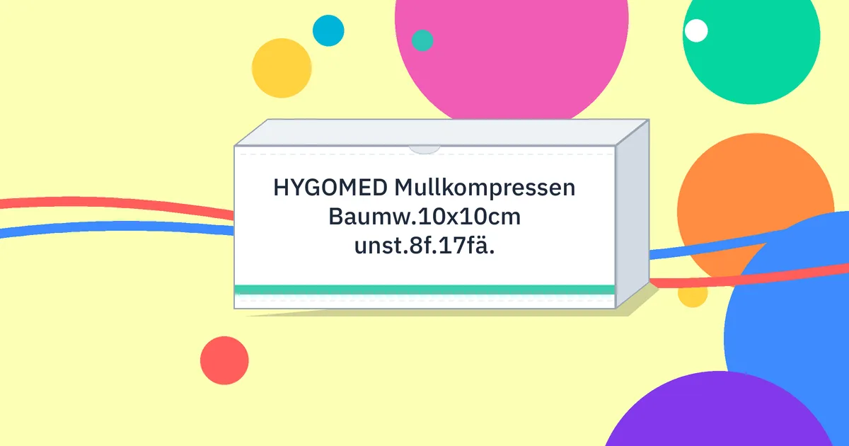Symbolbild: Packung mit der Aufschrift HYGOMED Mullkompressen Baumw.10x10cm unst.8f.17fä. (PZN 20383279) – Verfügbarkeit und Bezug in Apotheken in Frankfurt am Main