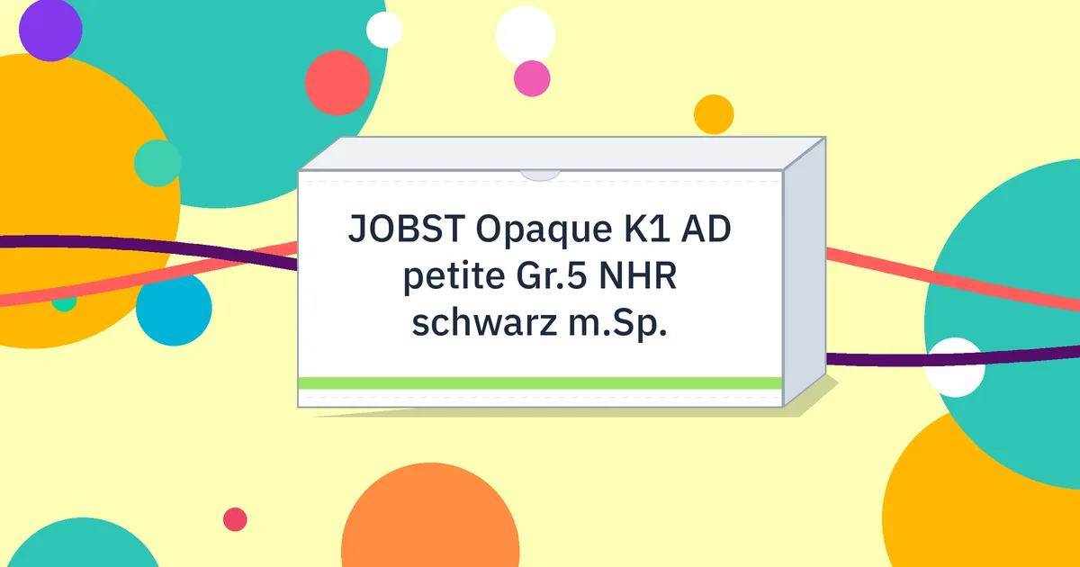 Symbolbild: Packung mit der Aufschrift JOBST Opaque K1 AD petite Gr.5 NHR schwarz m.Sp. (PZN 13079003) – Verfügbarkeit und Bezug in Apotheken in Frankfurt am Main