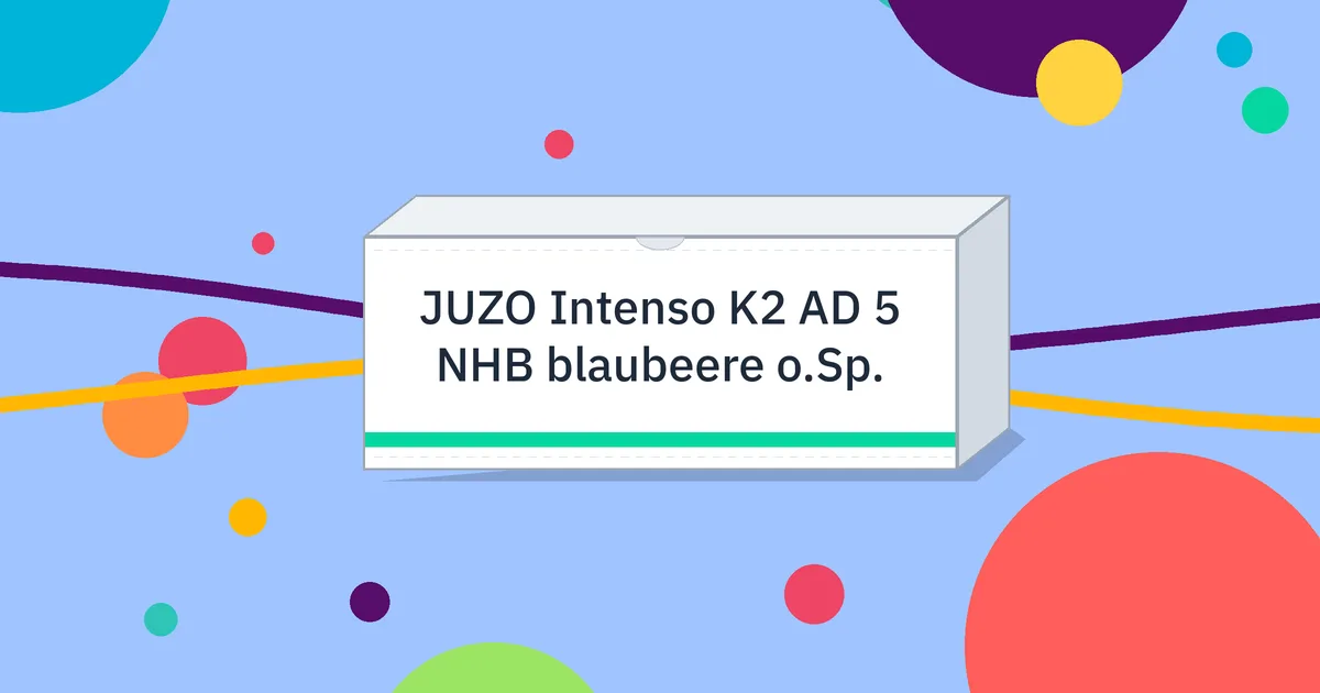 Symbolbild: Packung mit der Aufschrift JUZO Intenso K2 AD 5 NHB blaubeere o.Sp. (PZN 18620430) – Verfügbarkeit und Bezug in Apotheken in Frankfurt am Main