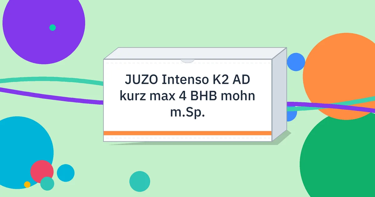 Symbolbild: Packung mit der Aufschrift JUZO Intenso K2 AD kurz max 4 BHB mohn m.Sp. (PZN 18615908) – Verfügbarkeit und Bezug in Apotheken in Frankfurt am Main