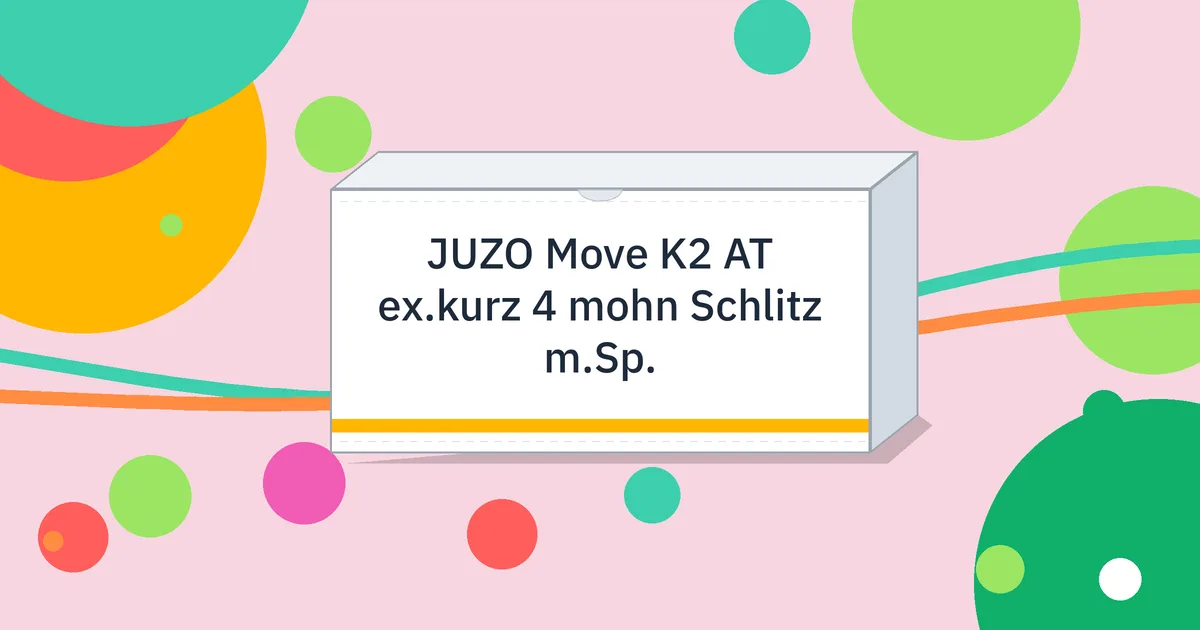 Symbolbild: Packung mit der Aufschrift JUZO Move K2 AT ex.kurz 4 mohn Schlitz m.Sp. (PZN 20672032) – Verfügbarkeit und Bezug in Apotheken in Frankfurt am Main
