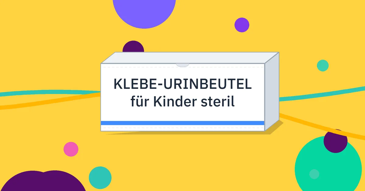 Symbolbild: Packung mit der Aufschrift KLEBE-URINBEUTEL für Kinder steril (PZN 17616277) – Verfügbarkeit und Bezug in Apotheken in Frankfurt am Main
