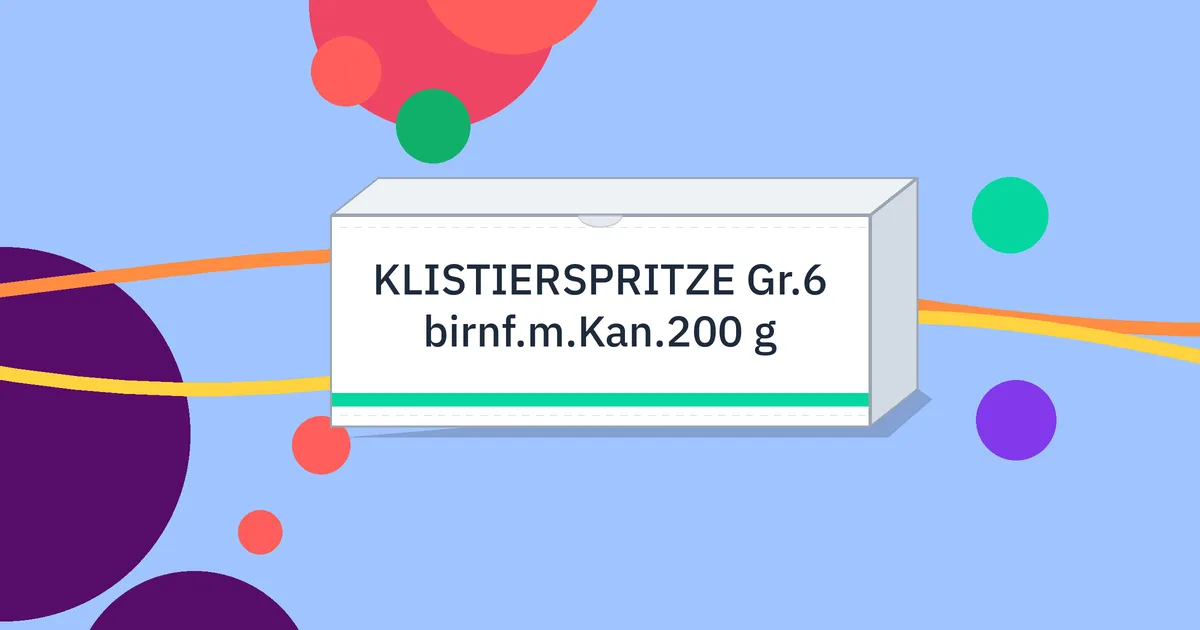Symbolbild: Packung mit der Aufschrift KLISTIERSPRITZE Gr.6 birnf.m.Kan.200 g (PZN 03186494) – Verfügbarkeit und Bezug in Apotheken in Frankfurt am Main