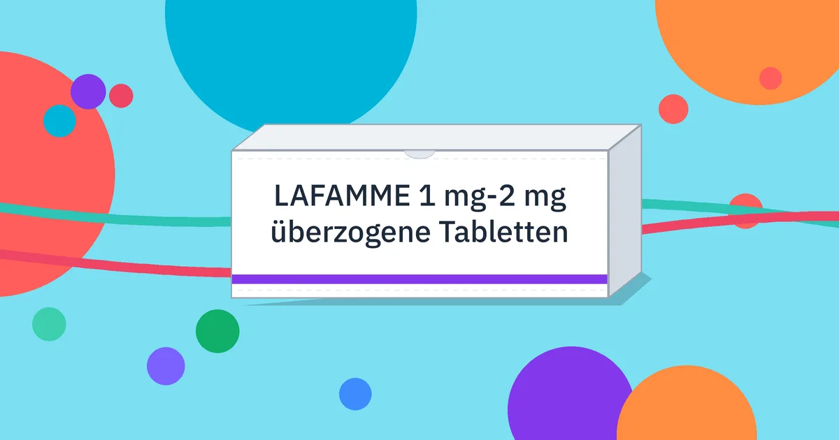 Symbolbild: Packung mit der Aufschrift LAFAMME 1 mg-2 mg überzogene Tabletten (PZN 03838407) – Verfügbarkeit und Bezug in Apotheken in Frankfurt am Main