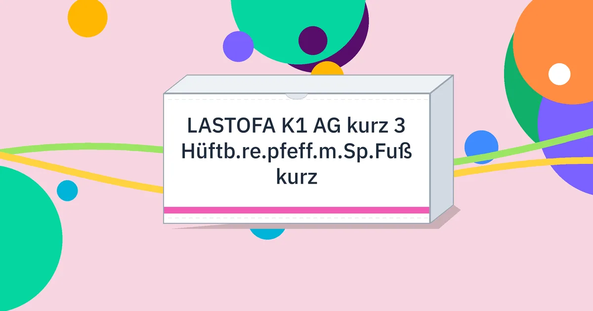 Symbolbild: Packung mit der Aufschrift LASTOFA K1 AG kurz 3 Hüftb.re.pfeff.m.Sp.Fuß kurz (PZN 13798241) – Verfügbarkeit und Bezug in Apotheken in Frankfurt am Main