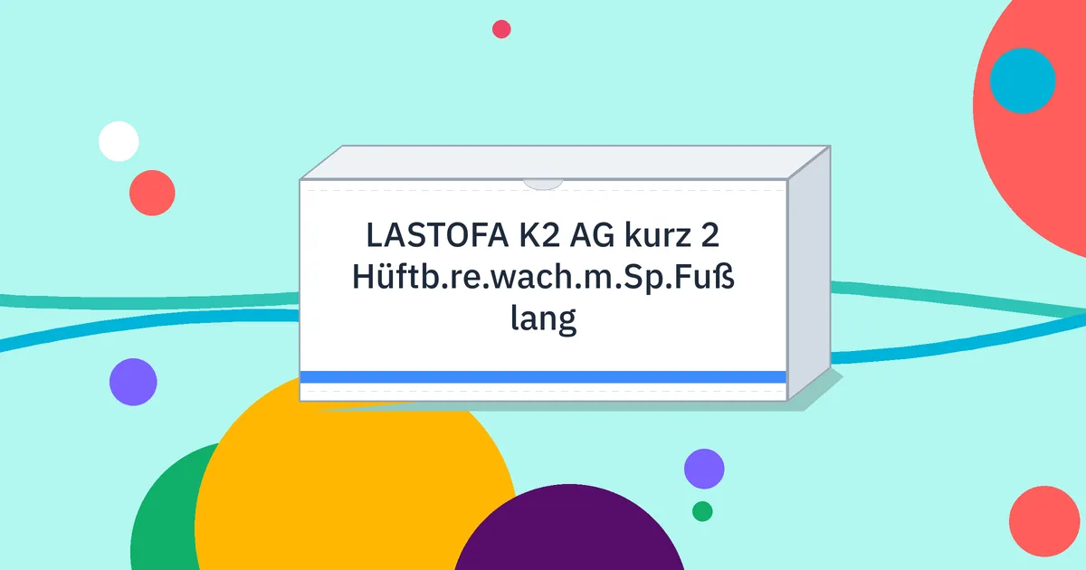 Symbolbild: Packung mit der Aufschrift LASTOFA K2 AG kurz 2 Hüftb.re.wach.m.Sp.Fuß lang (PZN 13810901) – Verfügbarkeit und Bezug in Apotheken in Frankfurt am Main