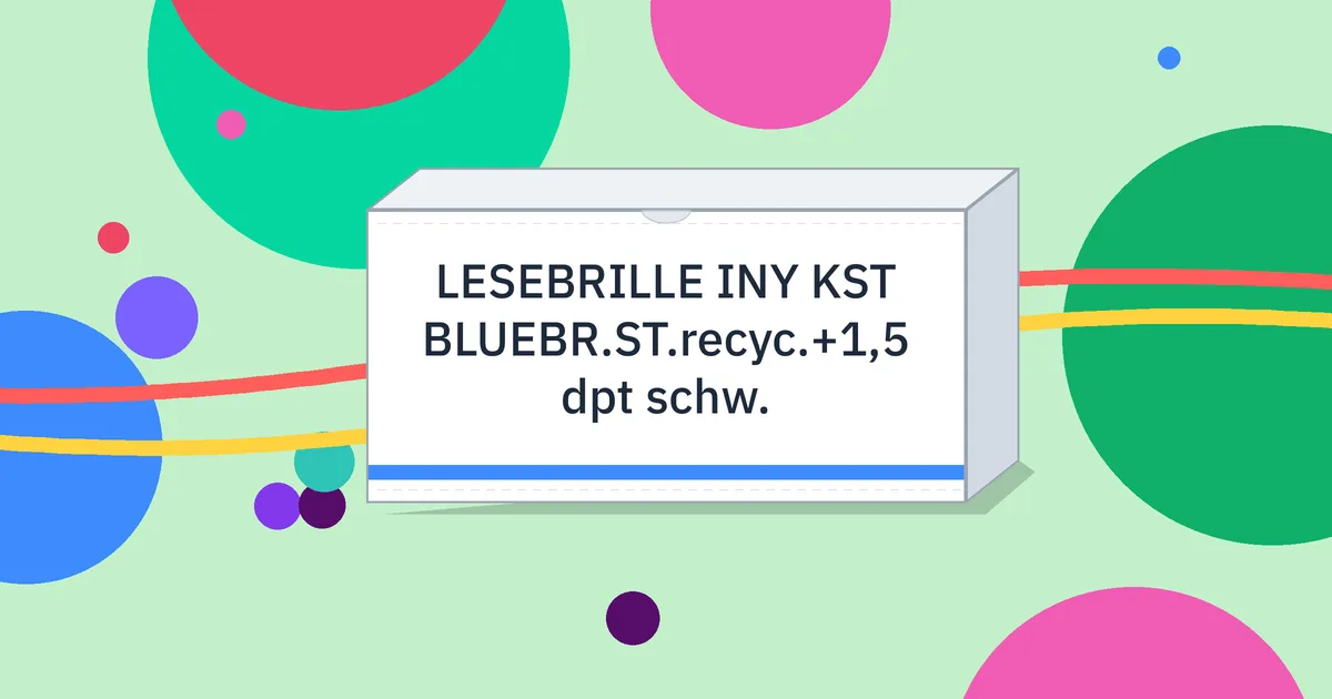 Symbolbild: Packung mit der Aufschrift LESEBRILLE INY KST BLUEBR.ST.recyc.+1,5 dpt schw. (PZN 19927969) – Verfügbarkeit und Bezug in Apotheken in Frankfurt am Main