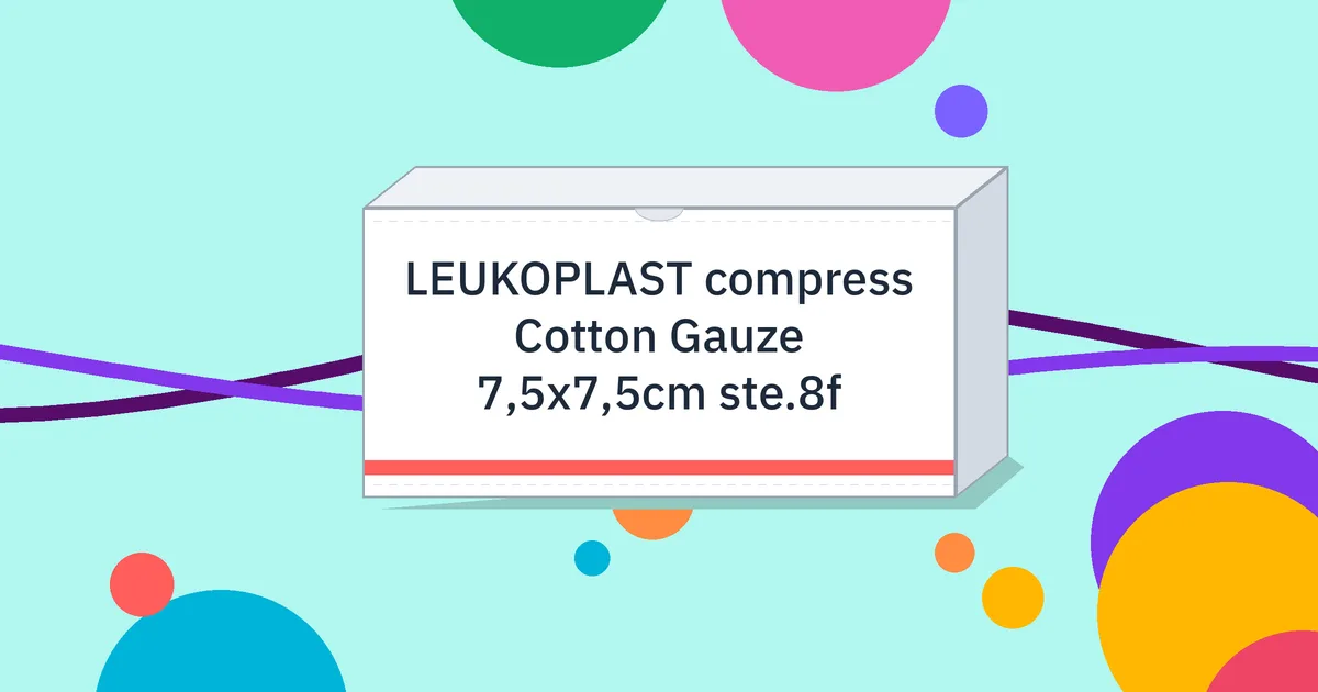 Symbolbild: Packung mit der Aufschrift LEUKOPLAST compress Cotton Gauze 7,5x7,5cm ste.8f (PZN 17207900) – Verfügbarkeit und Bezug in Apotheken in Frankfurt am Main