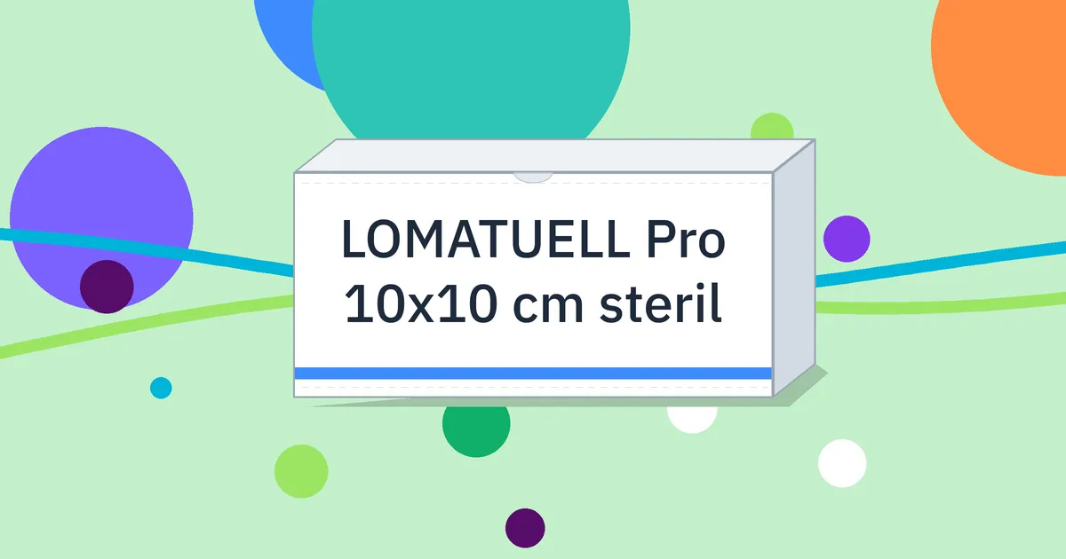 Symbolbild: Packung mit der Aufschrift LOMATUELL Pro 10x10 cm steril (PZN 15615345) – Verfügbarkeit und Bezug in Apotheken in Frankfurt am Main