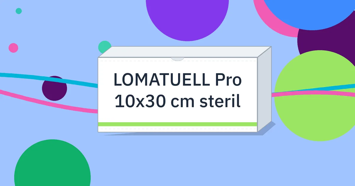 Symbolbild: Packung mit der Aufschrift LOMATUELL Pro 10x30 cm steril (PZN 19763232) – Verfügbarkeit und Bezug in Apotheken in Frankfurt am Main