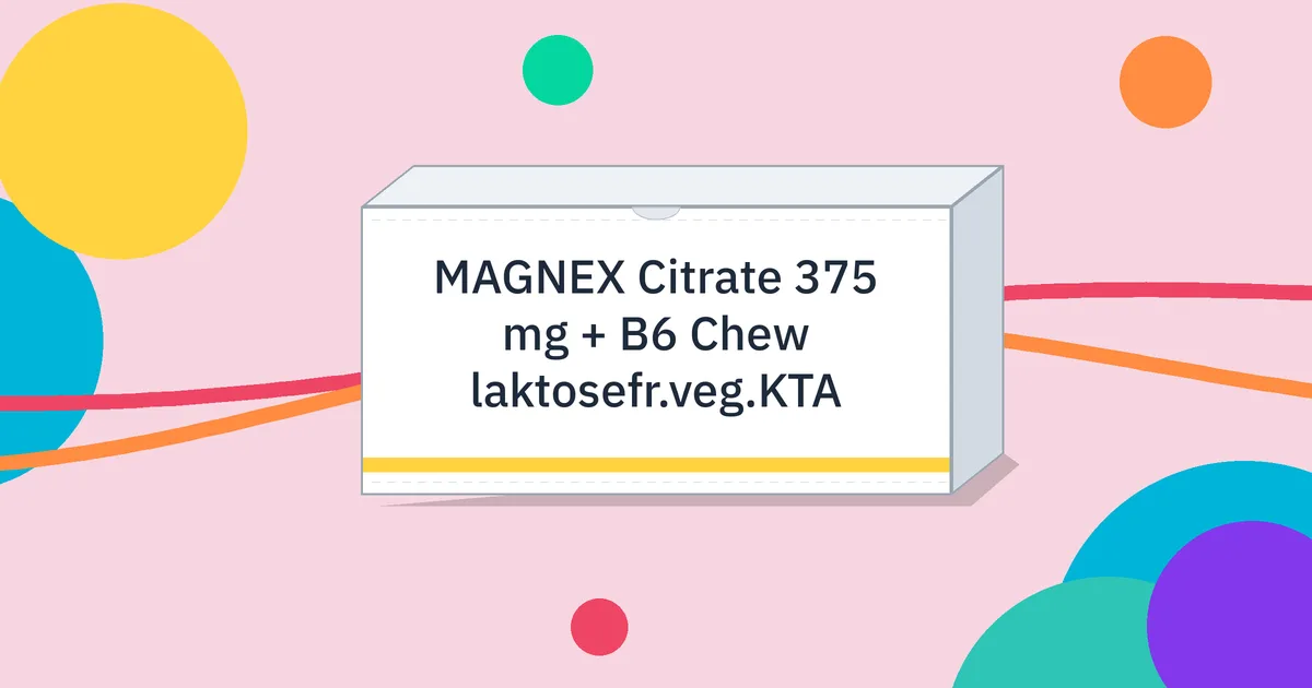 Symbolbild: Packung mit der Aufschrift MAGNEX Citrate 375 mg + B6 Chew laktosefr.veg.KTA (PZN 17568259) – Verfügbarkeit und Bezug in Apotheken in Frankfurt am Main