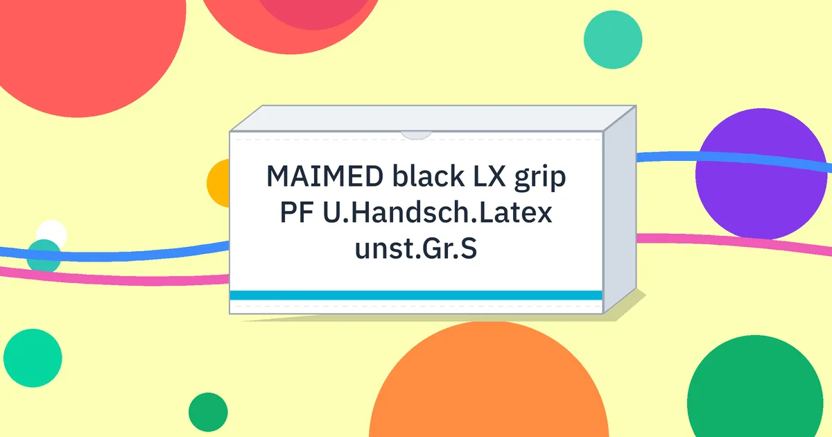 Symbolbild: Packung mit der Aufschrift MAIMED black LX grip PF U.Handsch.Latex unst.Gr.S (PZN 13427243) – Verfügbarkeit und Bezug in Apotheken in Frankfurt am Main