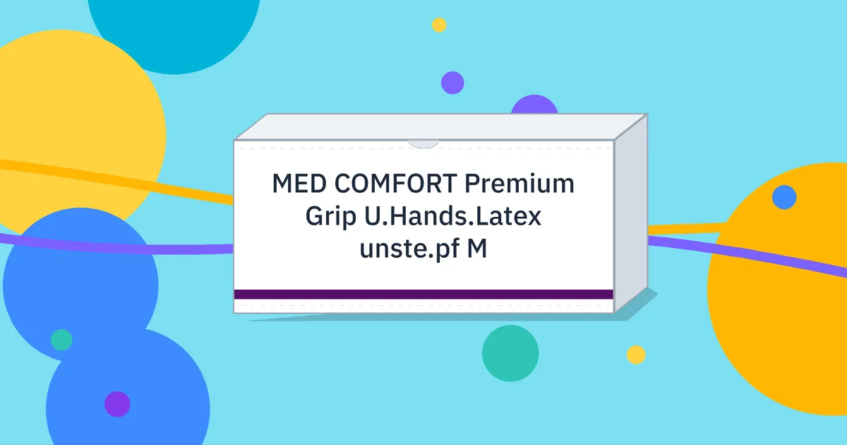 Symbolbild: Packung mit der Aufschrift MED COMFORT Premium Grip U.Hands.Latex unste.pf M (PZN 16835356) – Verfügbarkeit und Bezug in Apotheken in Frankfurt am Main