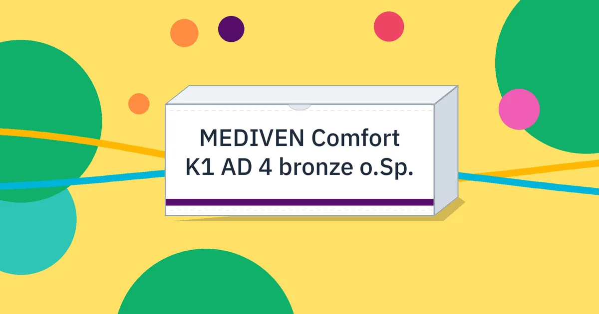 Symbolbild: Packung mit der Aufschrift MEDIVEN Comfort K1 AD 4 bronze o.Sp. (PZN 14559107) – Verfügbarkeit und Bezug in Apotheken in Frankfurt am Main