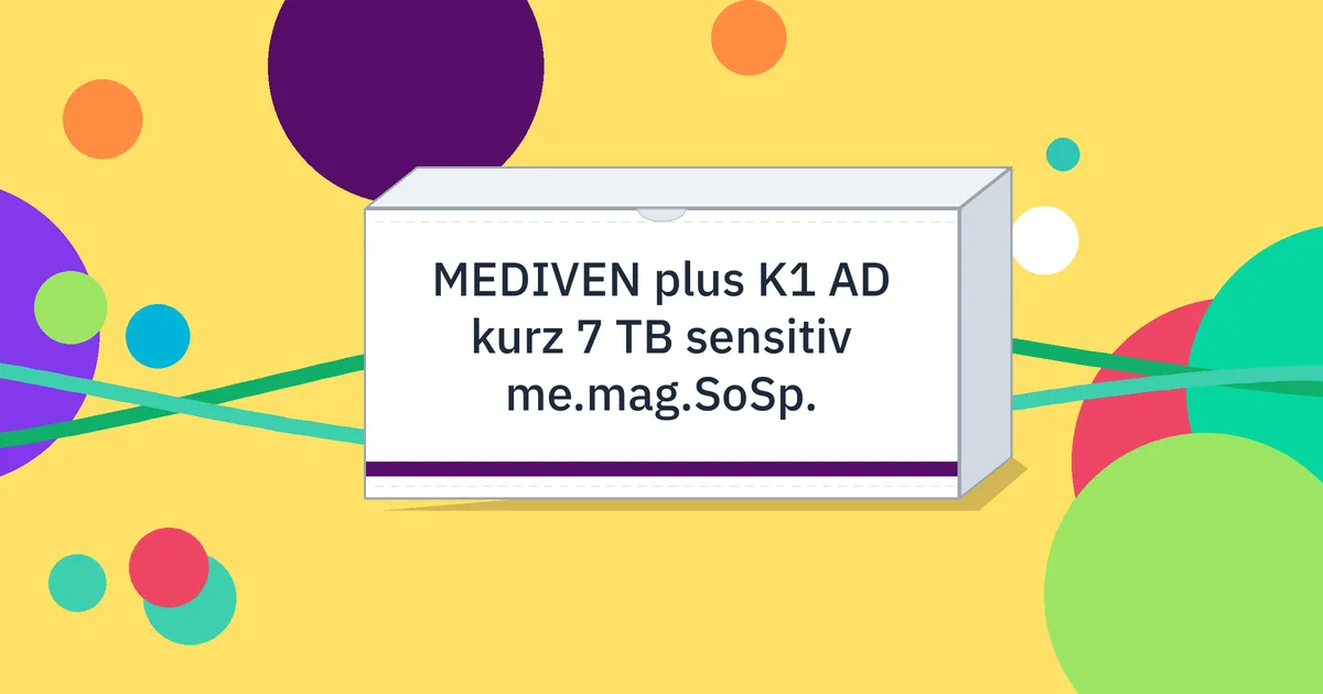 Symbolbild: Packung mit der Aufschrift MEDIVEN plus K1 AD kurz 7 TB sensitiv me.mag.SoSp. (PZN 15053829) – Verfügbarkeit und Bezug in Apotheken in Frankfurt am Main