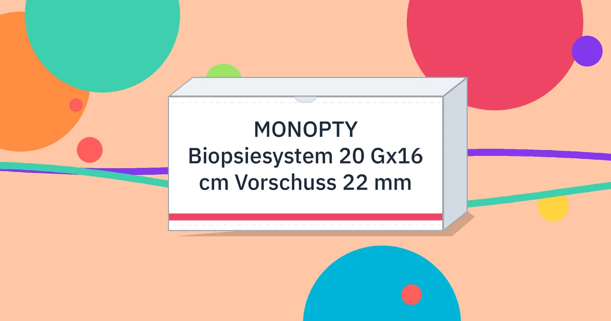 Symbolbild: Packung mit der Aufschrift MONOPTY Biopsiesystem 20 Gx16 cm Vorschuss 22 mm (PZN 03470628) – Verfügbarkeit und Bezug in Apotheken in Frankfurt am Main