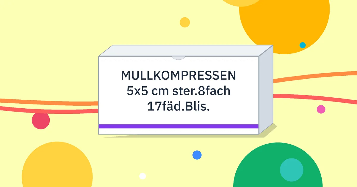 Symbolbild: Packung mit der Aufschrift MULLKOMPRESSEN 5x5 cm ster.8fach 17fäd.Blis. (PZN 06929062) – Verfügbarkeit und Bezug in Apotheken in Frankfurt am Main