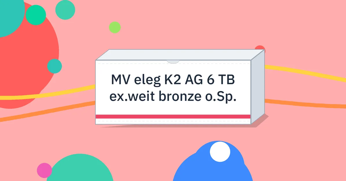 Symbolbild: Packung mit der Aufschrift MV eleg K2 AG 6 TB ex.weit bronze o.Sp. (PZN 14719315) – Verfügbarkeit und Bezug in Apotheken in Frankfurt am Main