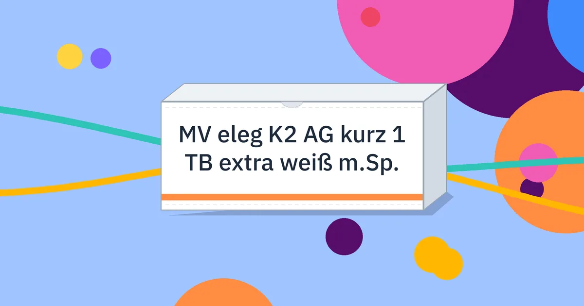 Symbolbild: Packung mit der Aufschrift MV eleg K2 AG kurz 1 TB extra weiß m.Sp. (PZN 09879577) – Verfügbarkeit und Bezug in Apotheken in Frankfurt am Main