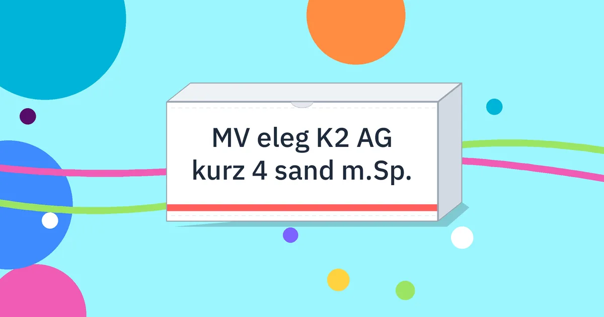 Symbolbild: Packung mit der Aufschrift MV eleg K2 AG kurz 4 sand m.Sp. (PZN 18924905) – Verfügbarkeit und Bezug in Apotheken in Frankfurt am Main