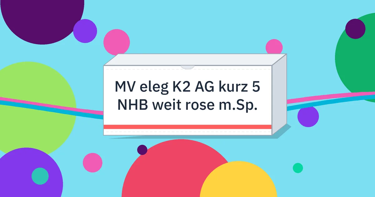 Symbolbild: Packung mit der Aufschrift MV eleg K2 AG kurz 5 NHB weit rose m.Sp. (PZN 15714461) – Verfügbarkeit und Bezug in Apotheken in Frankfurt am Main