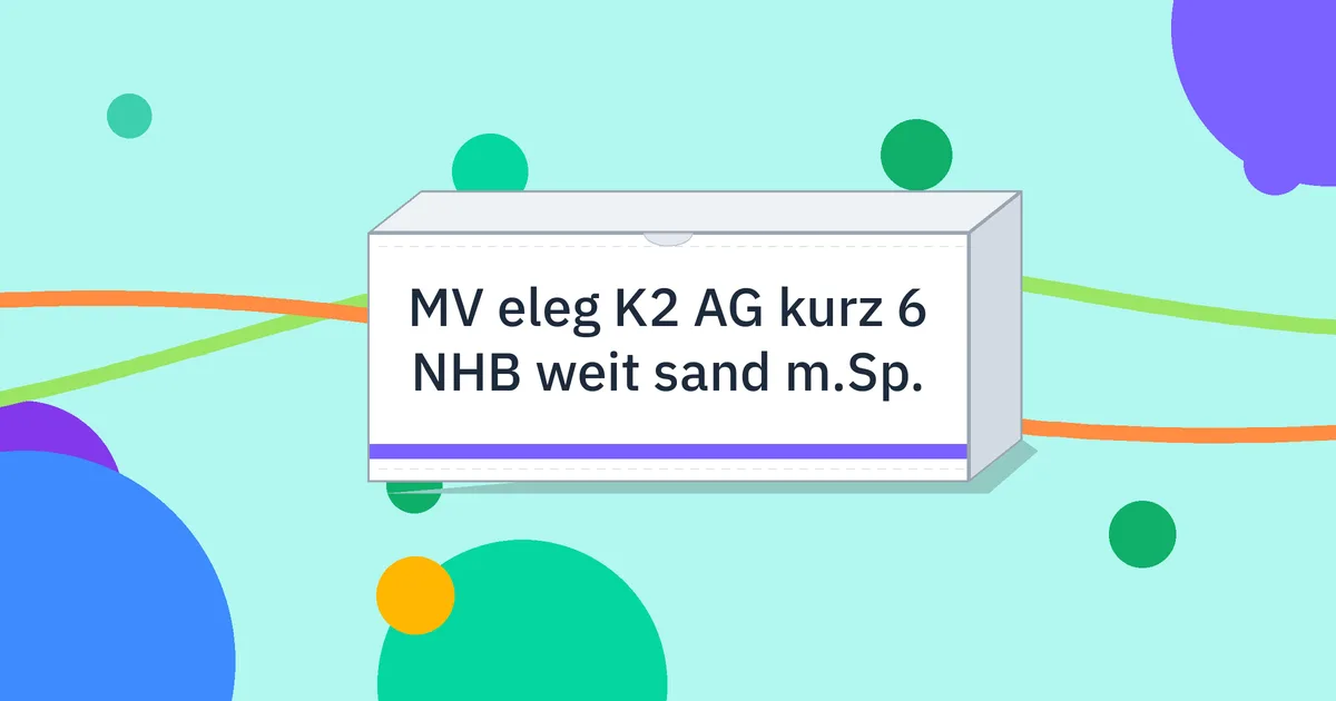 Symbolbild: Packung mit der Aufschrift MV eleg K2 AG kurz 6 NHB weit sand m.Sp. (PZN 18925276) – Verfügbarkeit und Bezug in Apotheken in Frankfurt am Main