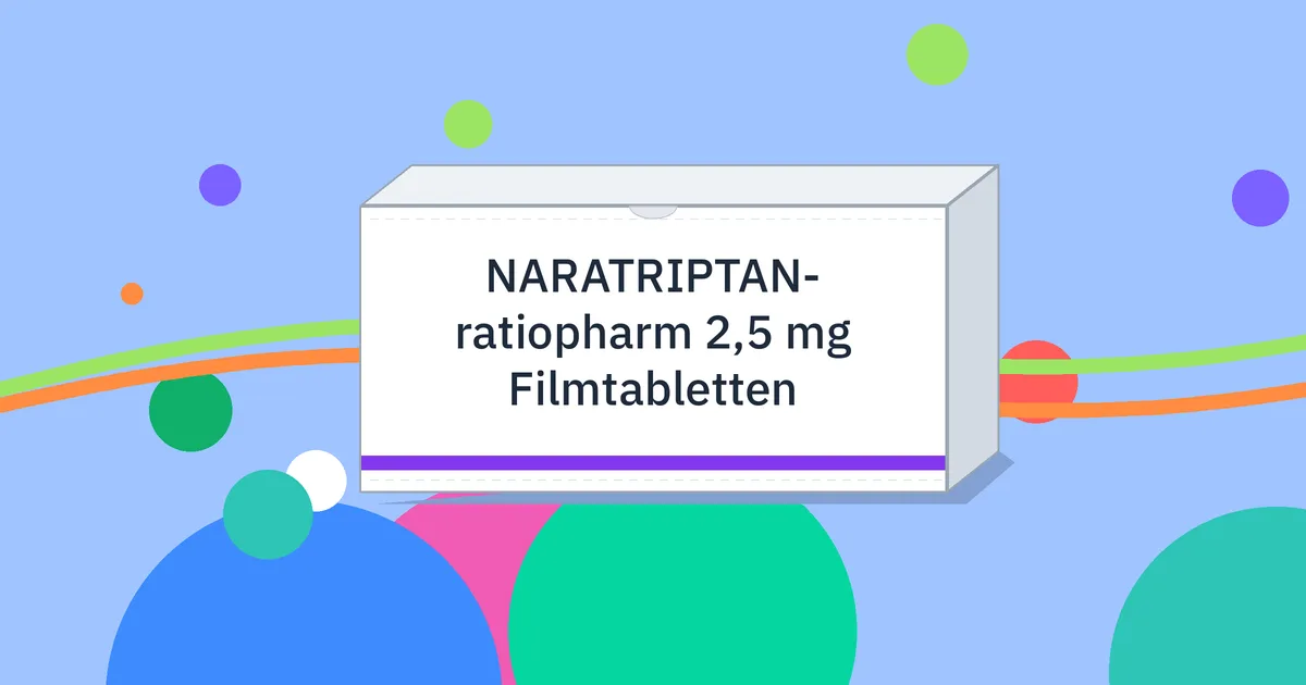 Symbolbild: Packung mit der Aufschrift NARATRIPTAN-ratiopharm 2,5 mg Filmtabletten (PZN 09318560) – Verfügbarkeit und Bezug in Apotheken in Frankfurt am Main